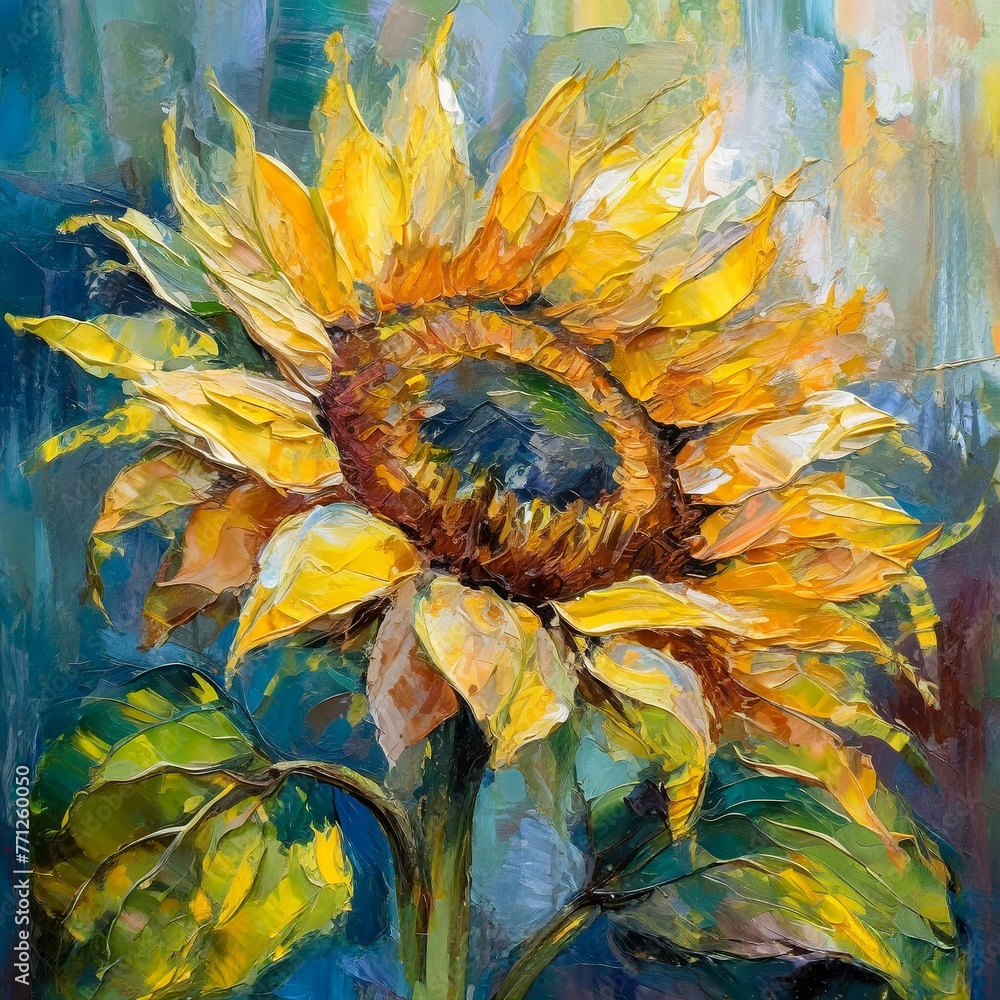 background with sunflowers.a dramatic wall art piece featuring a close ...