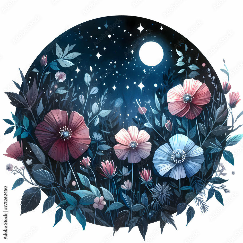 flat icon as Midnight Florals as Nocturnal flowers under a starry sky ...