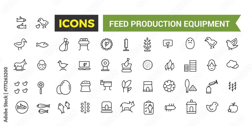 Feed Production Equipment Icon Set, Set Of Compound Feed Plant, Screw ...