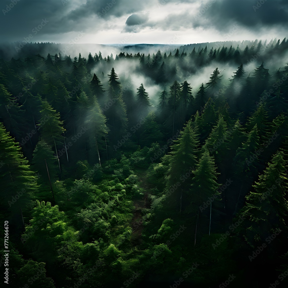 Foggy green forest landscape low angle beautiful forest dense forestry ...