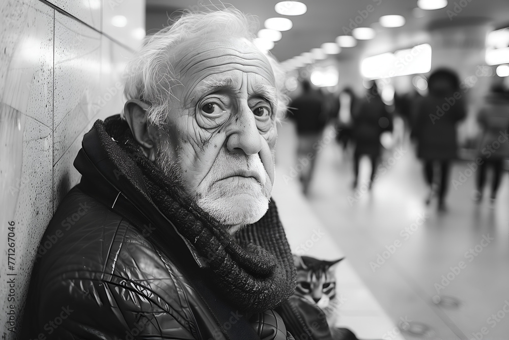 Homeless man on city street. Old sad man on cardboard in torn clothes ...
