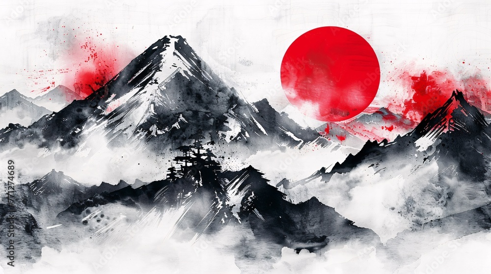 Hand-drawn traditional Japanese sumi-e of mountains and sun with ...