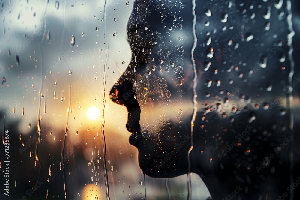 Silhouette of a human head with rainy weather inside, representing the ...
