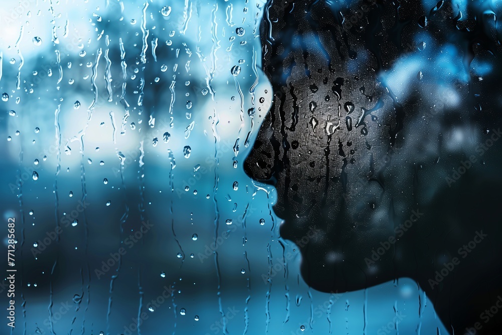 Silhouette of a human head with rainy weather inside, representing the ...