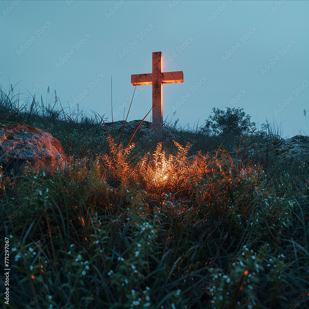 3d rendered photos of a cross with orange details under a hill with ...