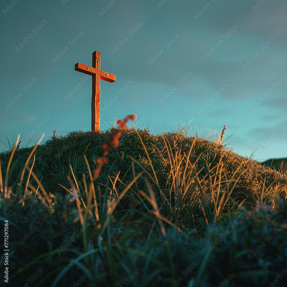 3d rendered photos of a cross with orange details under a hill with ...