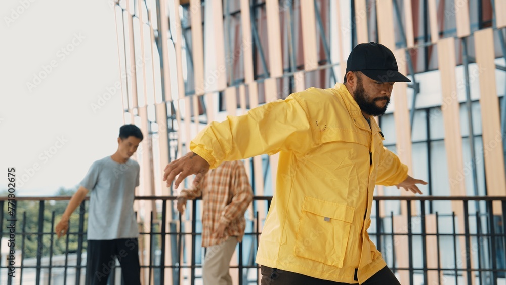 Hip hop team dance break dance while multicultural friend surrounded ...