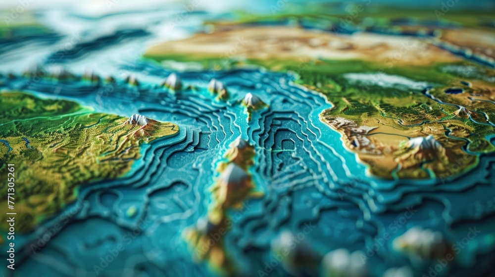 A close up of a map of the world with mountains and blue water. The map ...