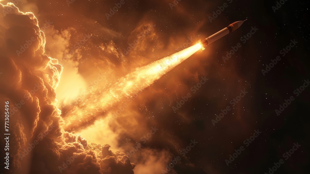 A rocket is flying through the sky with a trail of fire behind it ...
