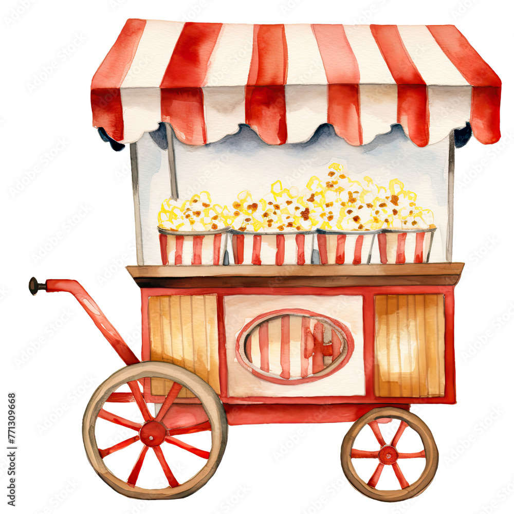 AI-generated watercolor Popcorn cart clip art illustration. Isolated ...