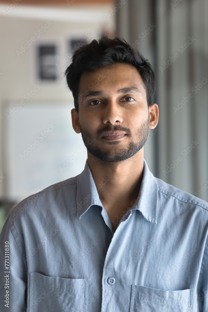 Serious attractive Indian man posing for vertical head shot. Front business portrait of young ...
