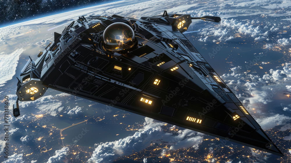 A sleek, triangular spaceship with an angular design and hightech ...