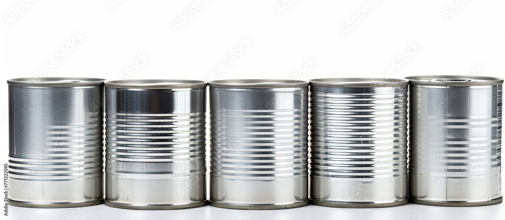 Arrangement of various tin cans placed next to each other in a straight ...