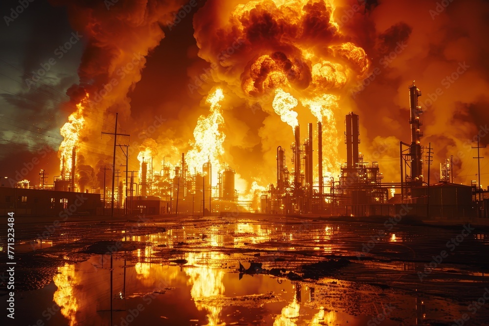 Major fire at an industrial oil refinery. The flame breaks out ...