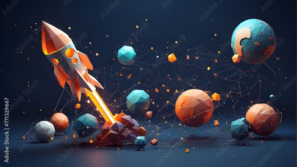 planets and a flying rocket in space. Design with low polygon count ...