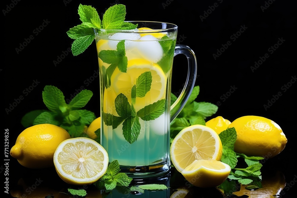 A refreshing pitcher filled with lemonade, surrounded by fresh mint ...