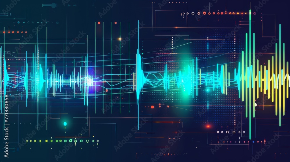 This vibrant abstract portrays a spectrum analyzer with colorful audio waveforms dancing across ...