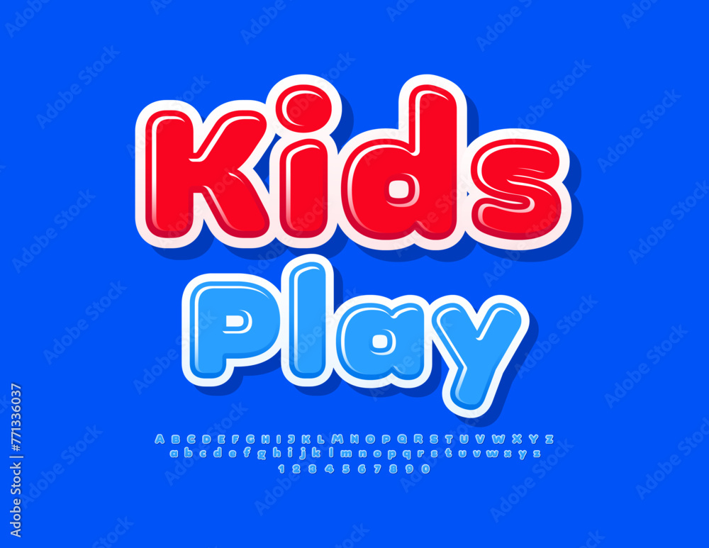 Vector bright Emblem Kids Play. Blue Glossy Font. Creative Alphabet Letters and Numbers. kids ...