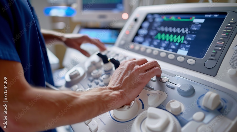 Healthcare Professional Operating Ultrasound Machine. Close-up view of ...