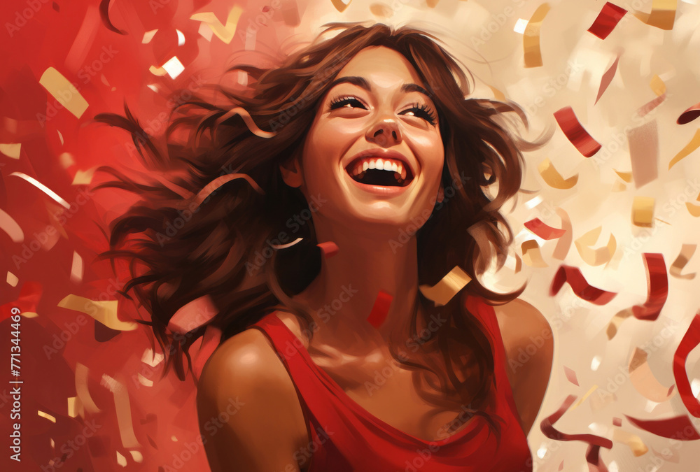 A woman smiles while seeing confetti falling in front of her, her red ...