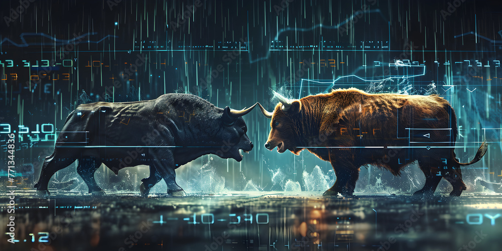 Two bulls in a fierce confrontation on a dark background, Angry bull ...