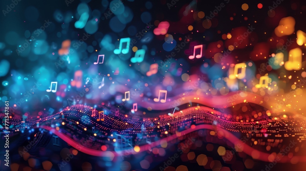 A colorful image of musical notes floating in the air. The notes are ...
