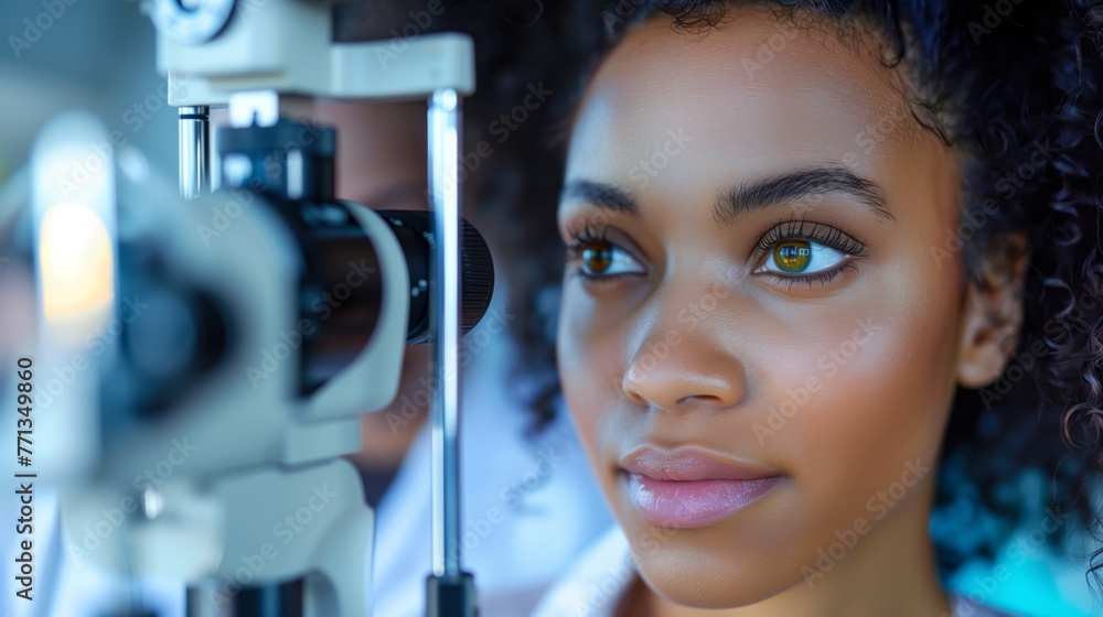 Research Scientist Using Advanced Microscope. Young female scientist ...