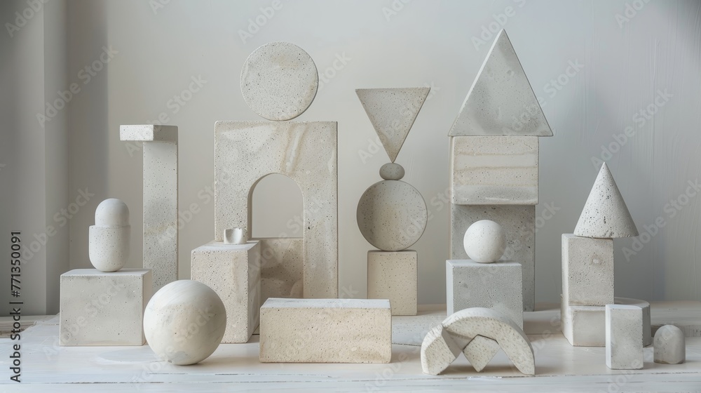 A collection of white blocks and spheres arranged on a table. The ...
