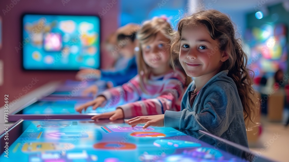 Children Engaged in Interactive Learning Game. Smiling children ...