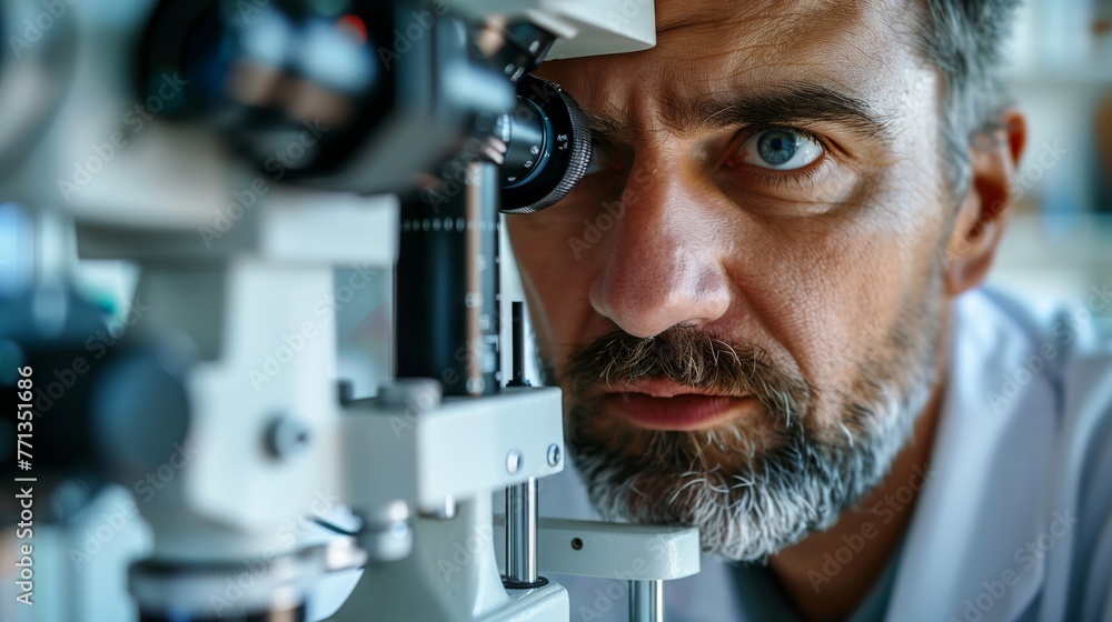 Scientist Using Microscope in Laboratory. Concentrated male scientist ...