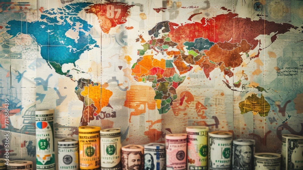 Currency exchange and money transfer concept with world map and ...