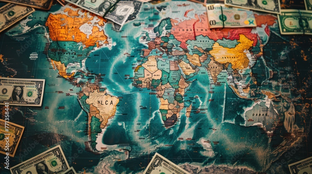 Currency exchange and money transfer concept with world map and ...