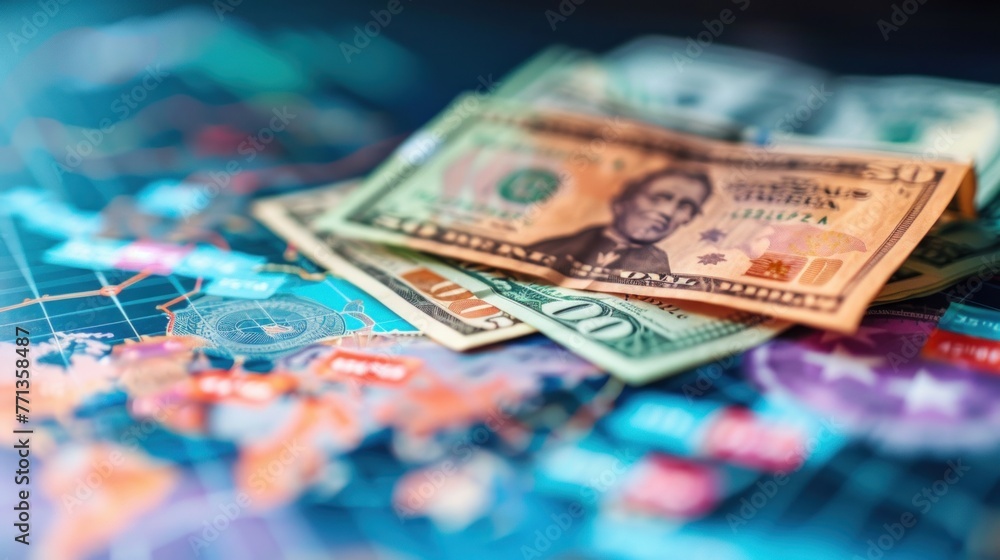 Currency exchange and money transfer concept with world map and ...