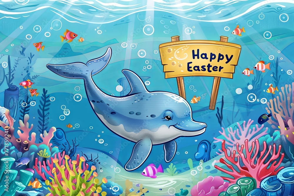 a cartoon cute dolphin with a sign reading Happy Easter over festive ...