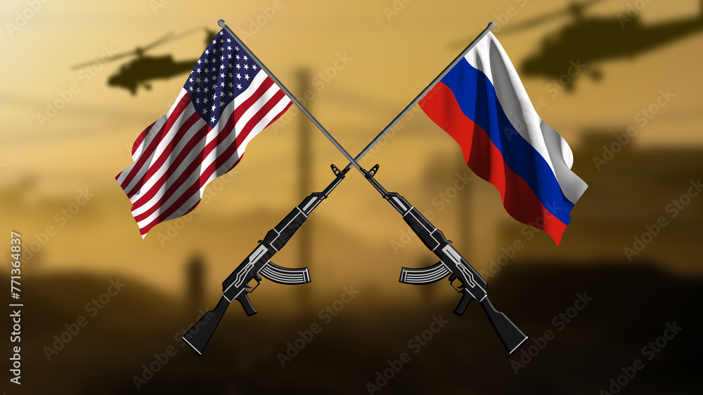 Russia versus USA, two crossed rifles with the flags of the two ...