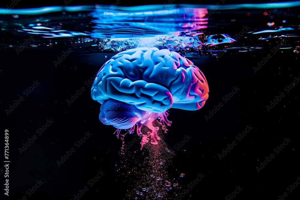 Dynamic technology AI of human light blue brain sinking in water with ...