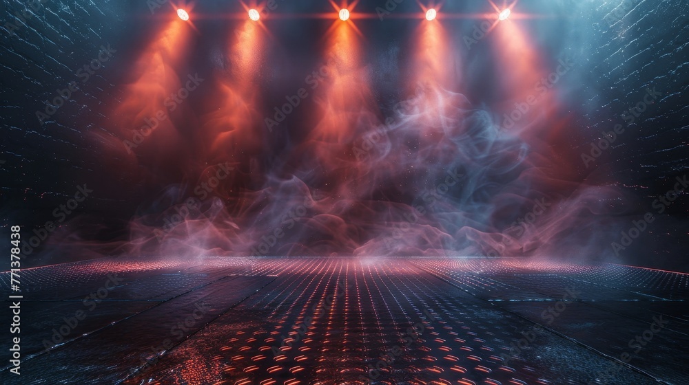 Dark stage shows, studio room, dark scene, neon light, and spotlights ...