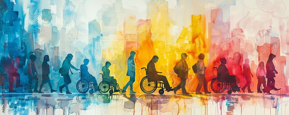 Colorful art watercolor painting depicts a diverse group of ...