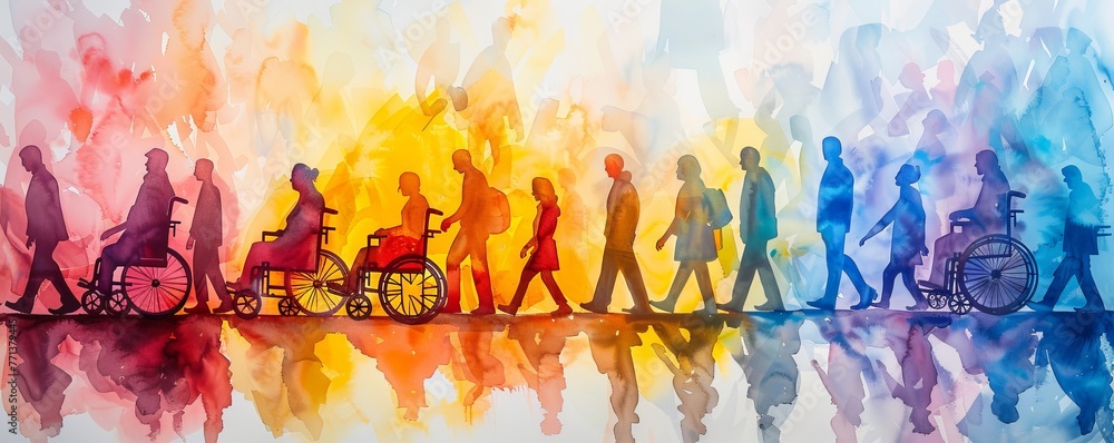 Colorful art watercolor painting depicts a diverse group of ...