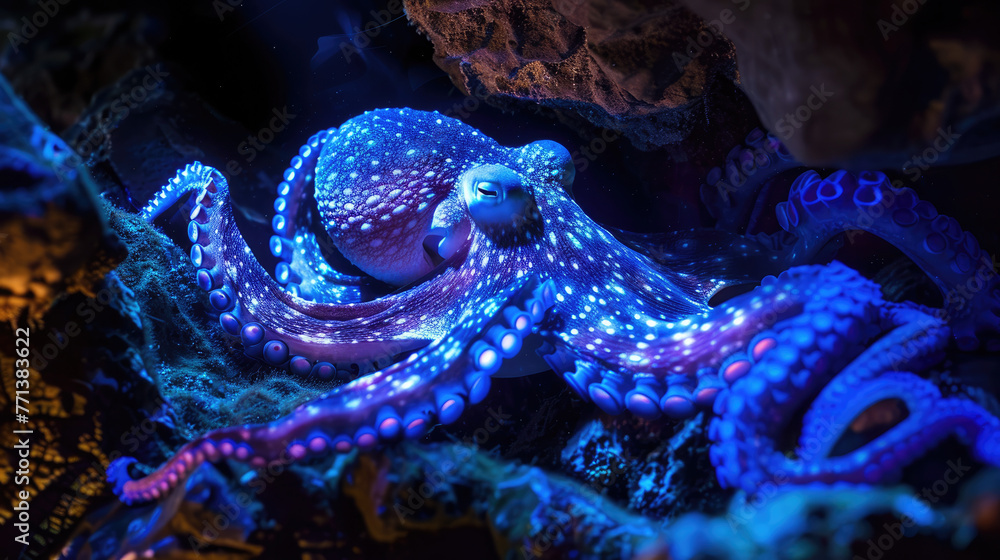 Octopus with neon violet and pink marbled skin moves among coral in an ...