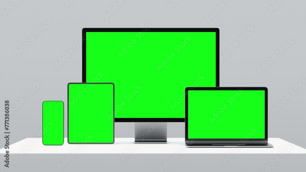 Laptop Computer and Smartphone with Green Screens for Chroma Key. Mock ...