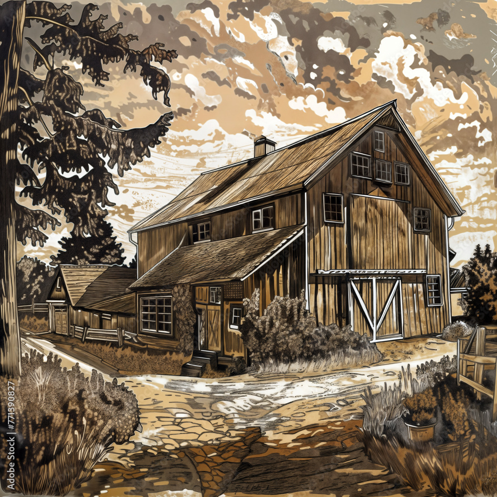 Vintage Farm Barn, in style of engraving, woodcut, Old-Fashioned ...