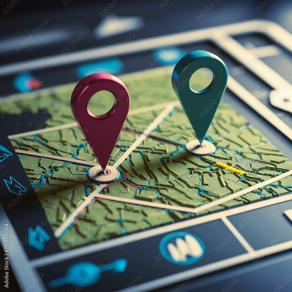 A detailed map displaying a specific location marked with two vibrant pins, symbolizing the ...
