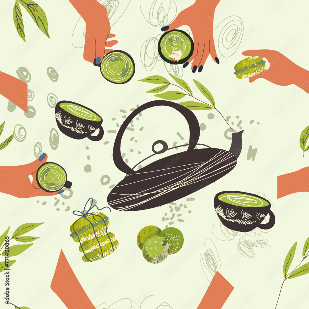 Seamless pattern with green matcha food, drinks, leaves, teapot, tools ...
