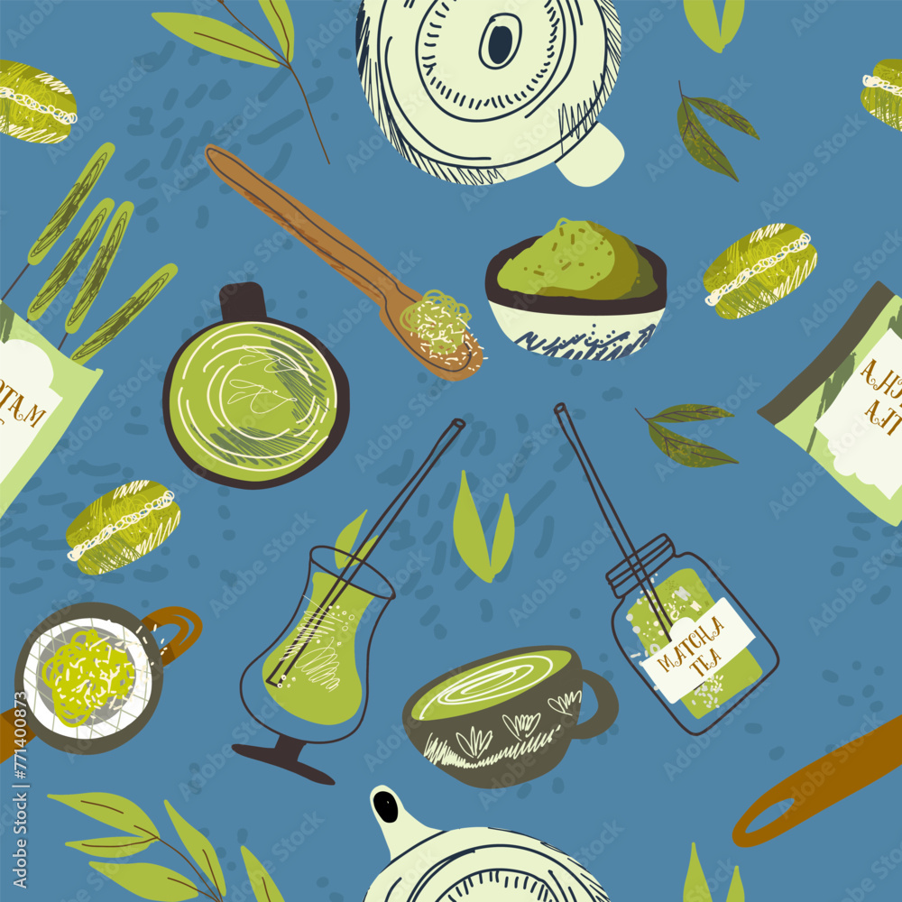 Seamless pattern with green matcha food, drinks, leaves, teapot, tools ...