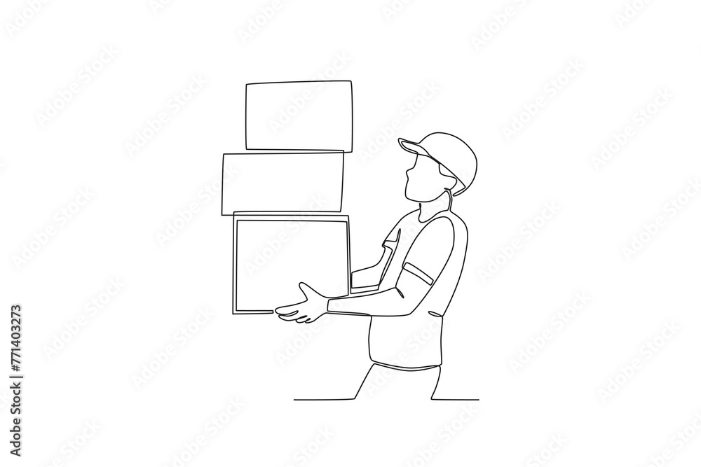Single continuous line drawing of Courier delivering packages ...
