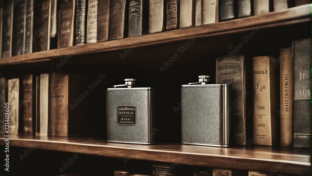 Generative AI. Hip flask lying in a vintage library. Shiny steel pocket ...
