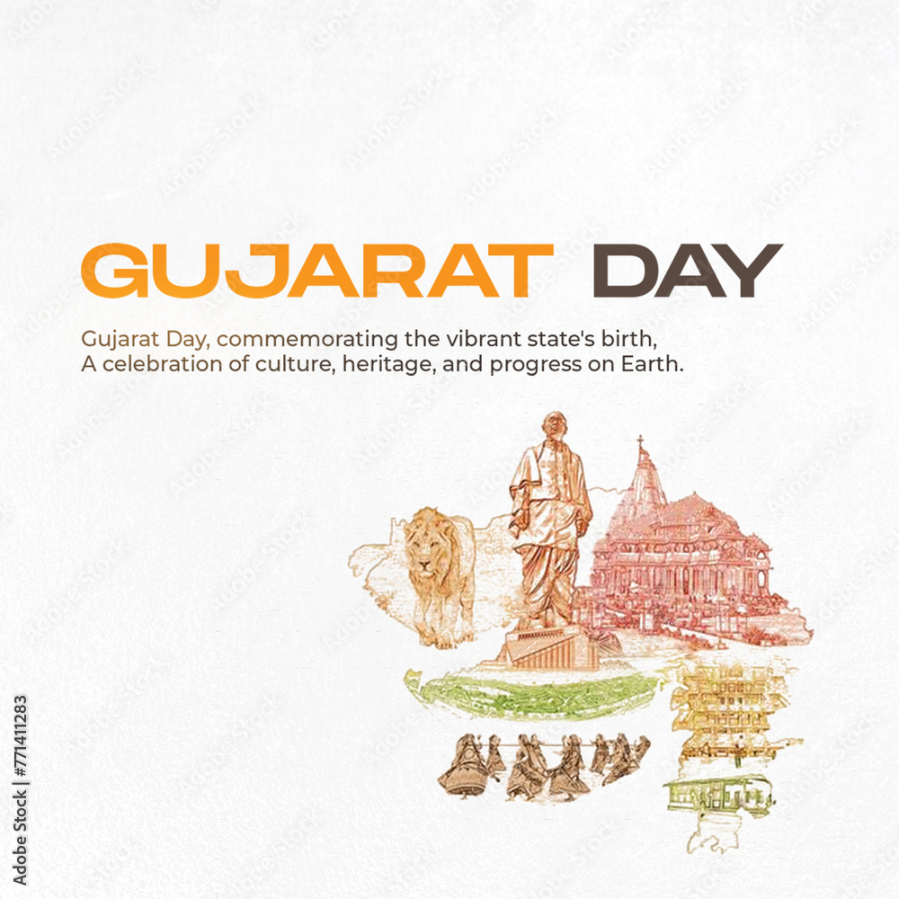 Map of Gujarat with cultural symbols, celebrating Gujarat Day, marking ...
