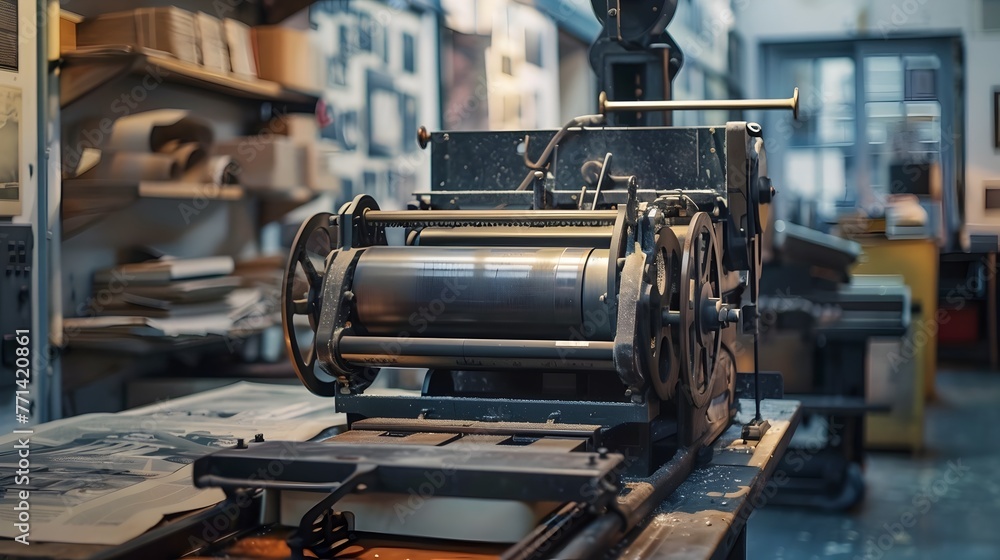Vintage Printing Press Juxtaposed with Modern Equipment Showcasing ...