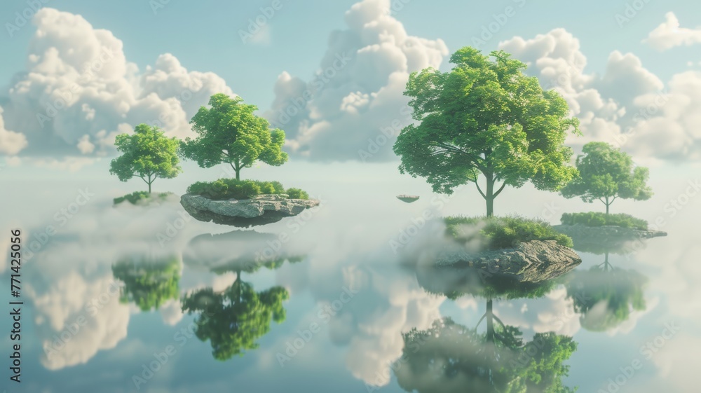 Floating islands with trees Lake river in the sky World Environment Day ...